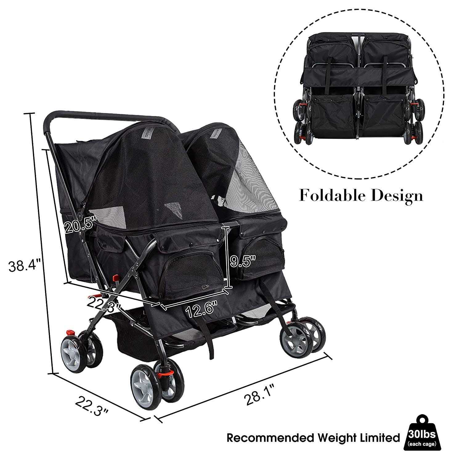 Dporticus Double Pet Stroller Foldable Stroller for 2 Dogs Cats Two ...